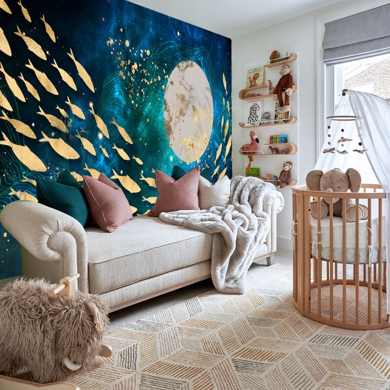 3D Magic Gold Fish Marble Moon Wallpaper Space Mural Nursery - Etsy