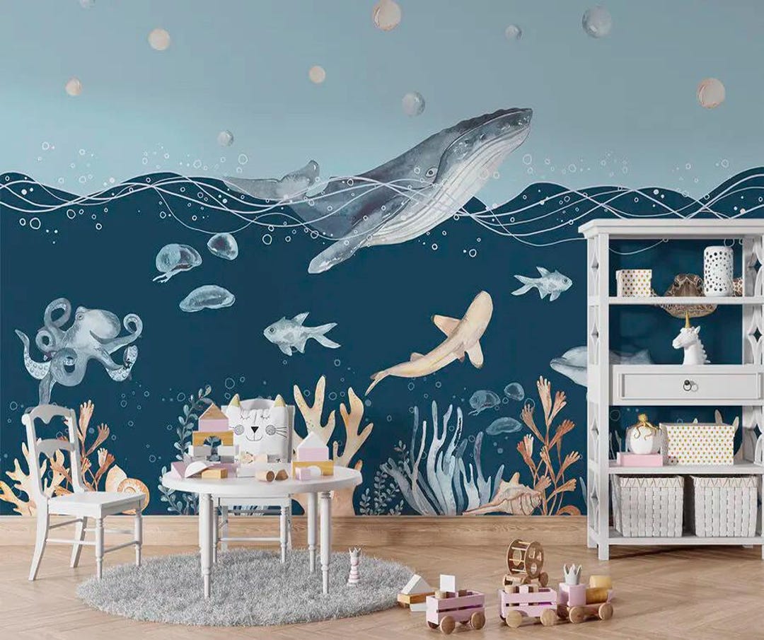 Whale Blue Ocean Fish Wall Mural Ocean Wallpaper Nursery Wall Sticker ...