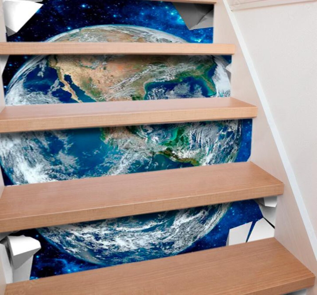 Earth Planet Stair Risers 3D Planet Earth Stairway Decoration Peel and ...