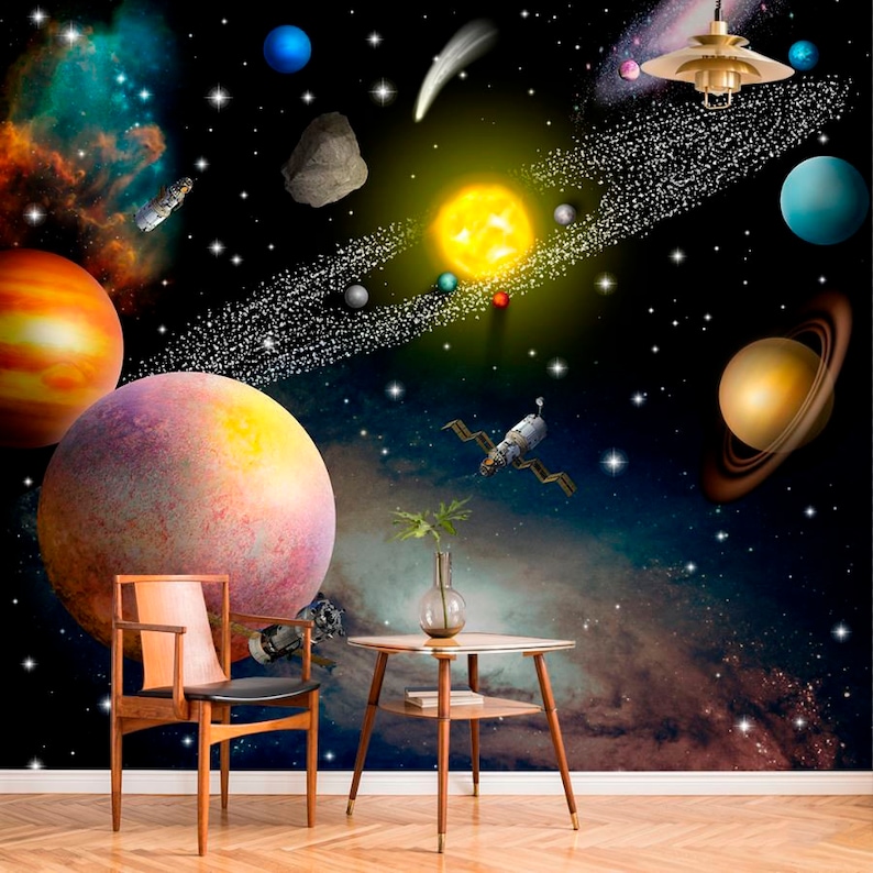 Solar System Wall Mural – Space Planets Wallpaper for Kids Room Nursery ...