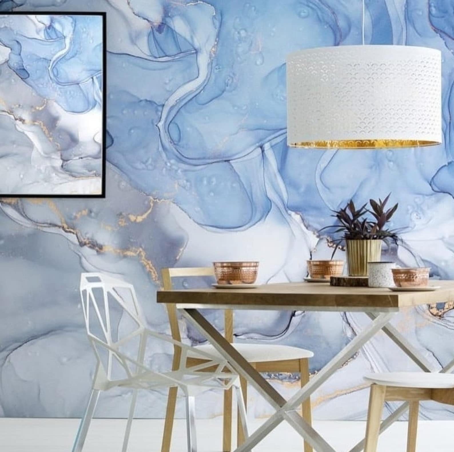 Pearl White Blue Turquoise Luxury Marble Wallpaper Wall Sticker Decor ...