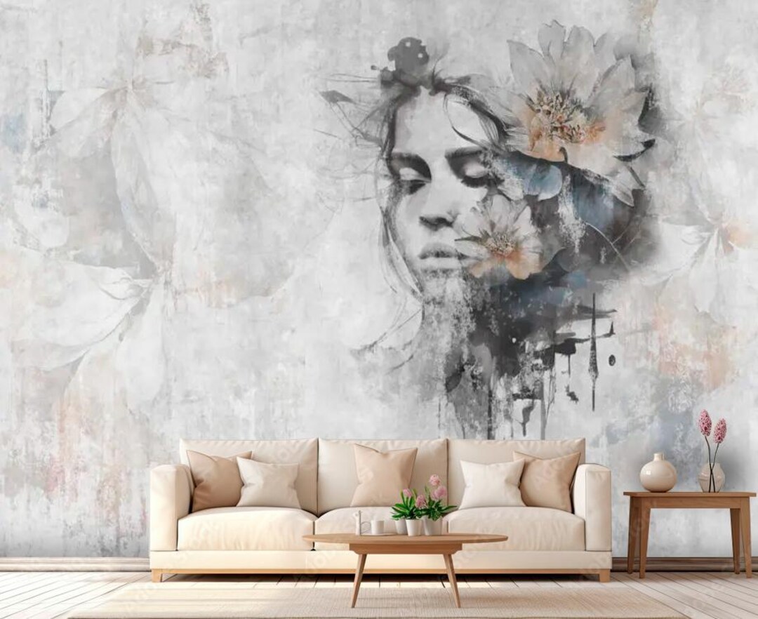 Woman Face on Concrete Background Murals Abstract Female Portrait ...