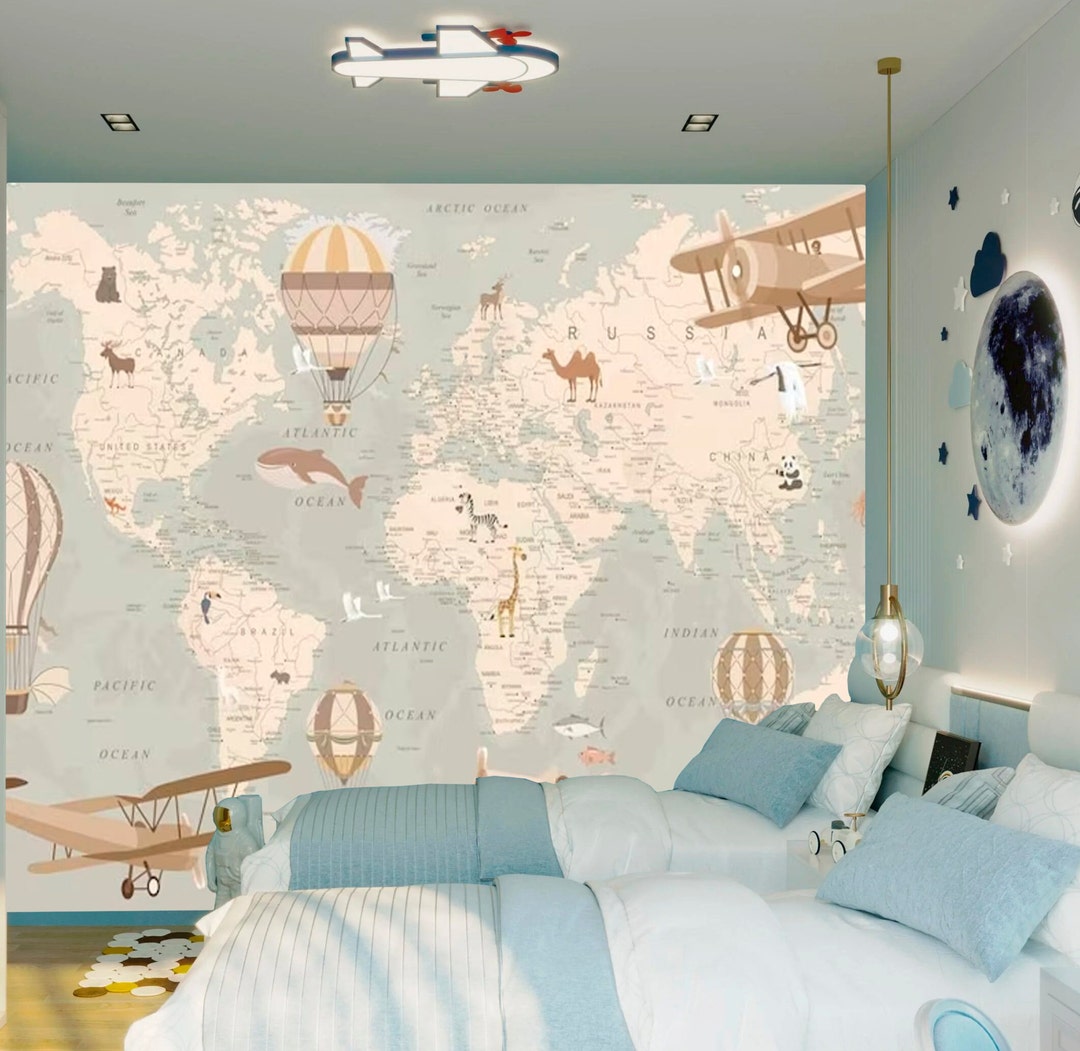 Kids Room Wallpaper Baby Boy Girl Beige Map Nursery Kids World Animals ...