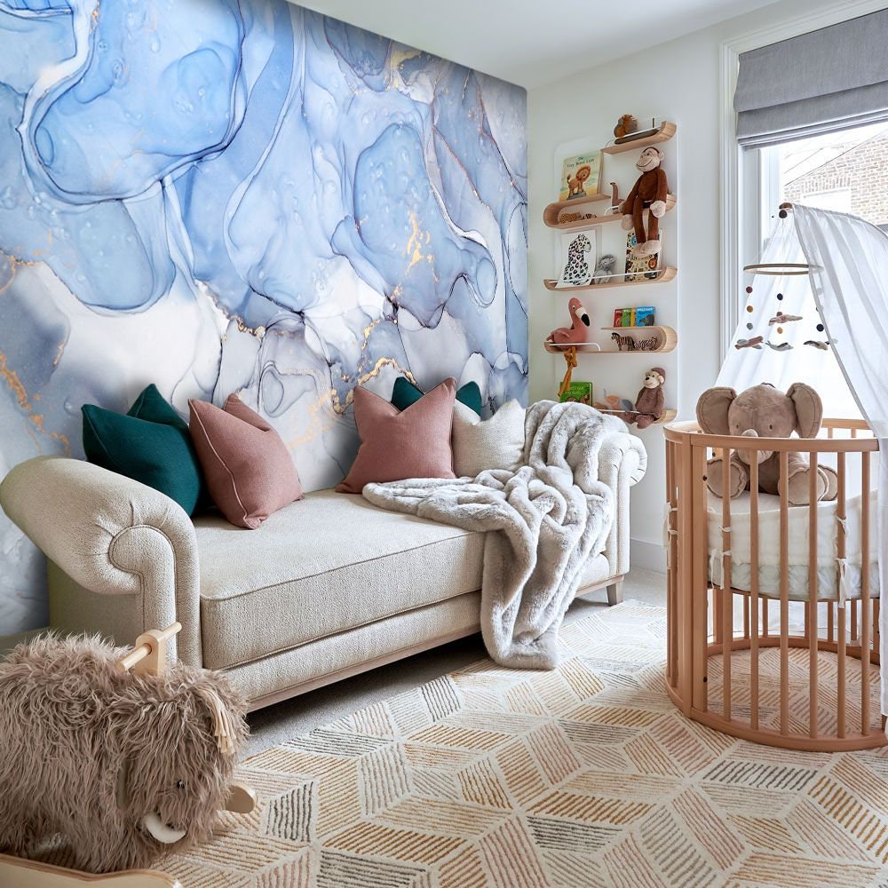 Pearl White Blue Turquoise Luxury Marble Wallpaper Wall Sticker Decor ...