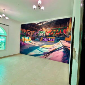 Skate Park With Graffiti Wall Mural Skate Ramp Backdrop Wall Sticker ...