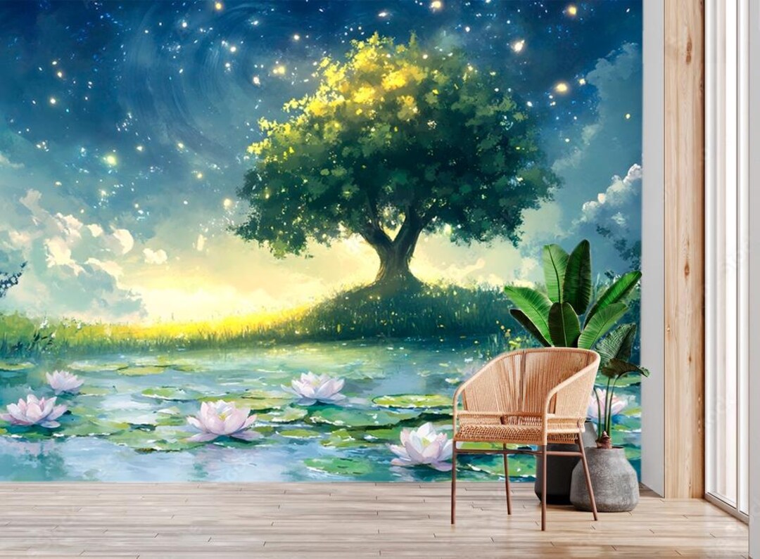 Fairy Tree Lotus Wall Mural for Bedroom Whimsical Fairy Tree Wallpaper ...