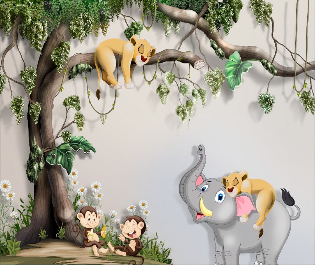 Baby Elephant Monkeys and Lion Cub Background Kids Room Wallpaper Animal Wall Mural Nursery ...
