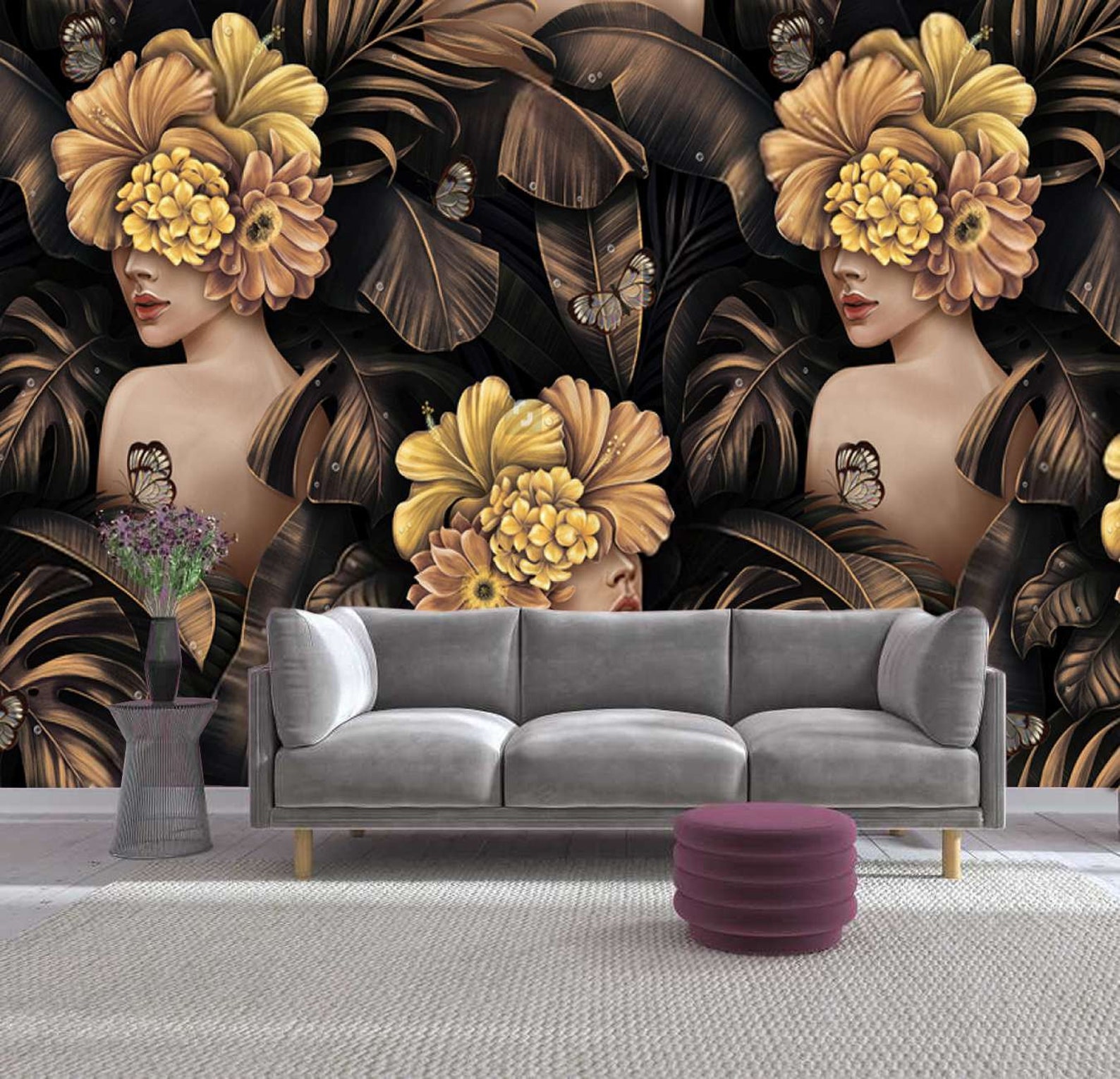 3D Beautiful Female Faces Gold Floral Removable Wall Mural Self ...