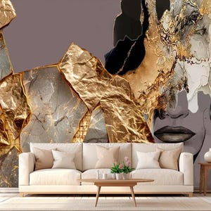Gold Gray Face Wall Mural Grunge Wall Mural Gold Fluid Wall Large Gold ...