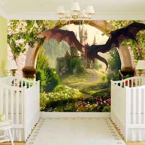 Fairytale Kids Castle Wallpaper & Cute Dragon Wall Mural, Princess ...