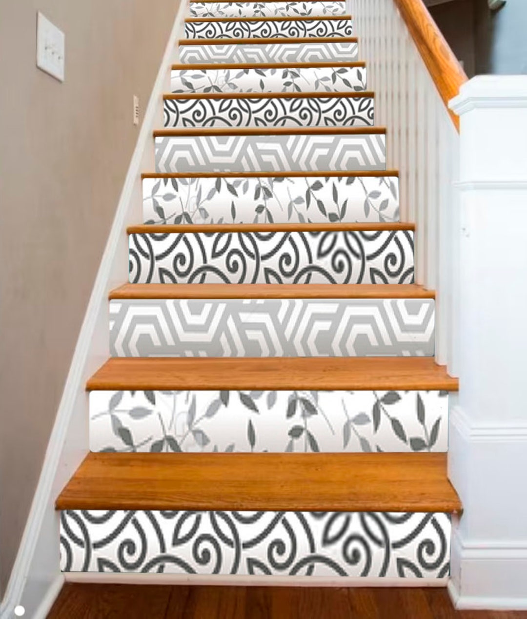 White Black Floral Geometry Pattern Black and White Stair Riser Sticker ...