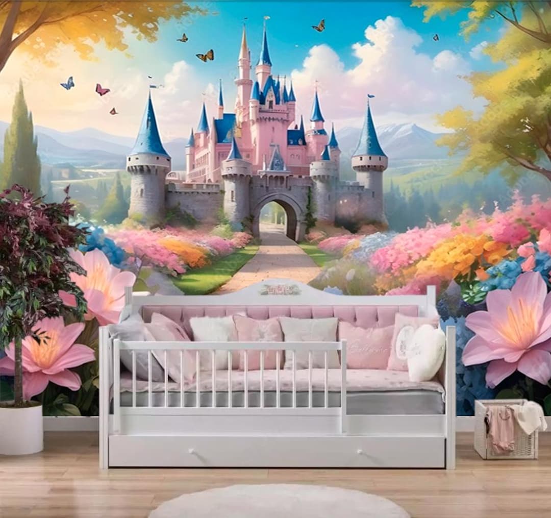 Magic Pink Castle Wallpaper CUSTOMIZABLE Girls Nursery Wall Decor ...