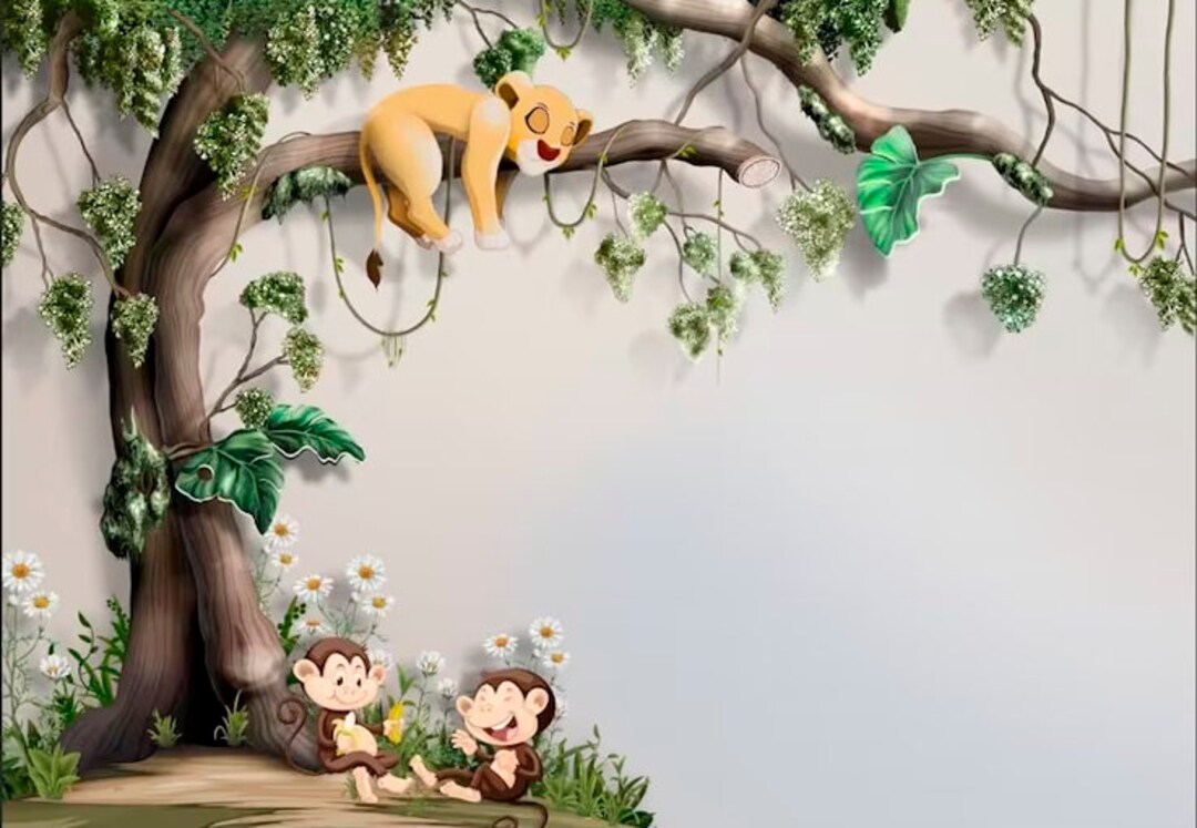 Baby Monkeys and Lion Background Kids Room Wallpaper Animal - Etsy