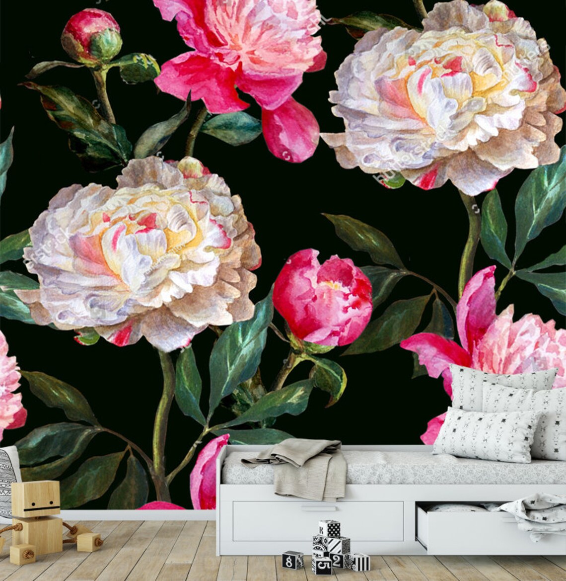 Peonies Flowers Leaves Wallpaper Wall Sticker decor Multicolor | Etsy