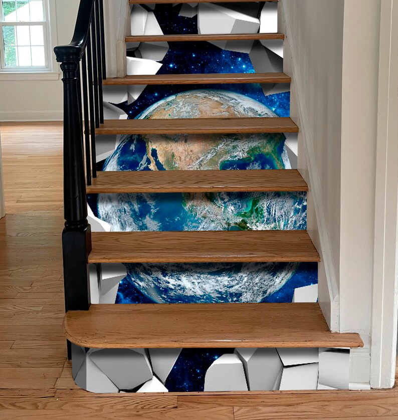 Earth Planet Stair Risers 3D Planet Earth Stairway Decoration Peel and ...