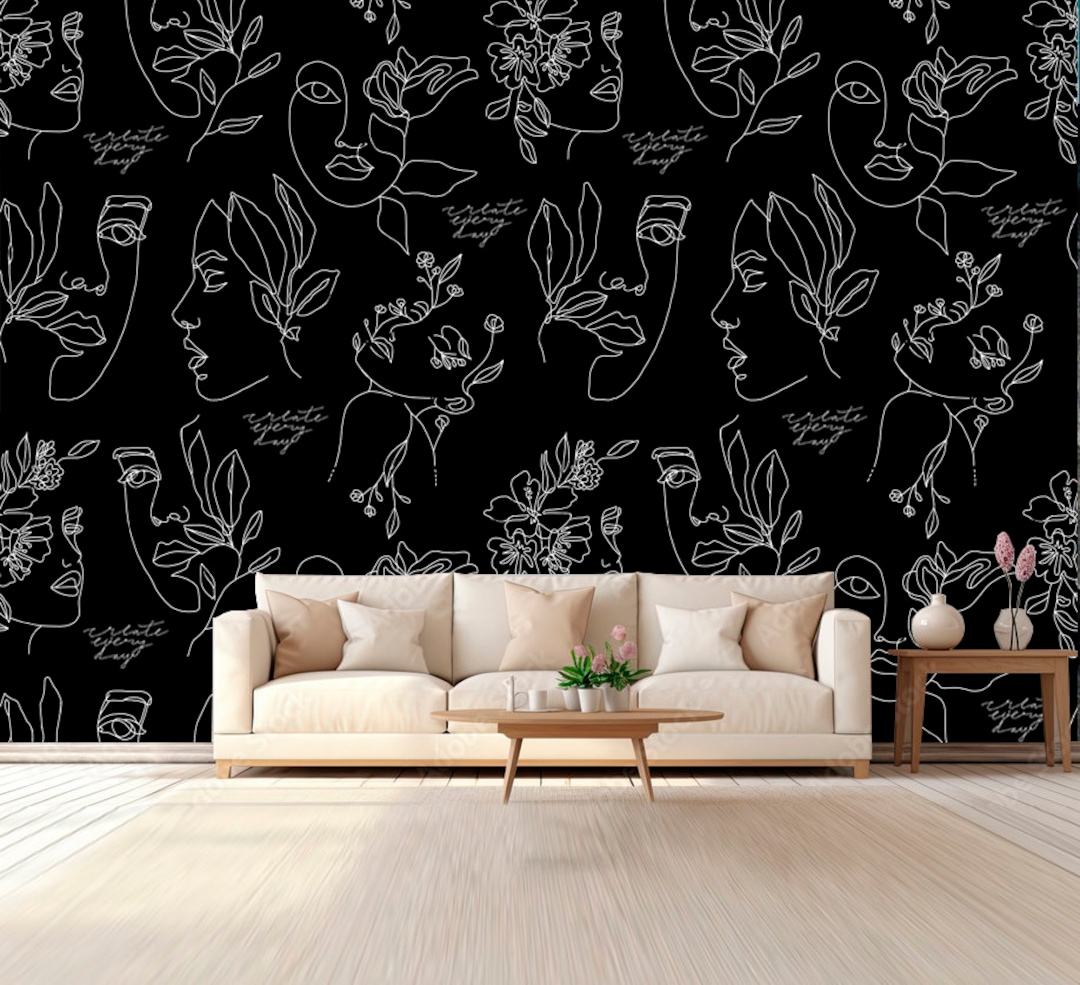 White Black Abstract Line Female Faces Removable Custom Text Color Wall ...