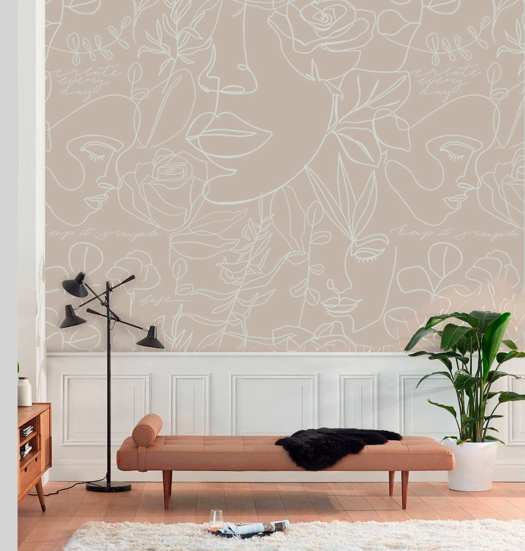 White Beige Abstract Line Female Faces Removable Custom Color Wall ...