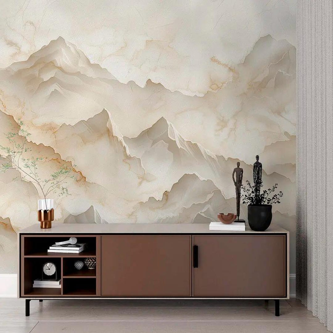 Beige Brown Neutral Wallpaper Bedroom Mountains Pattern Wall Mural ...