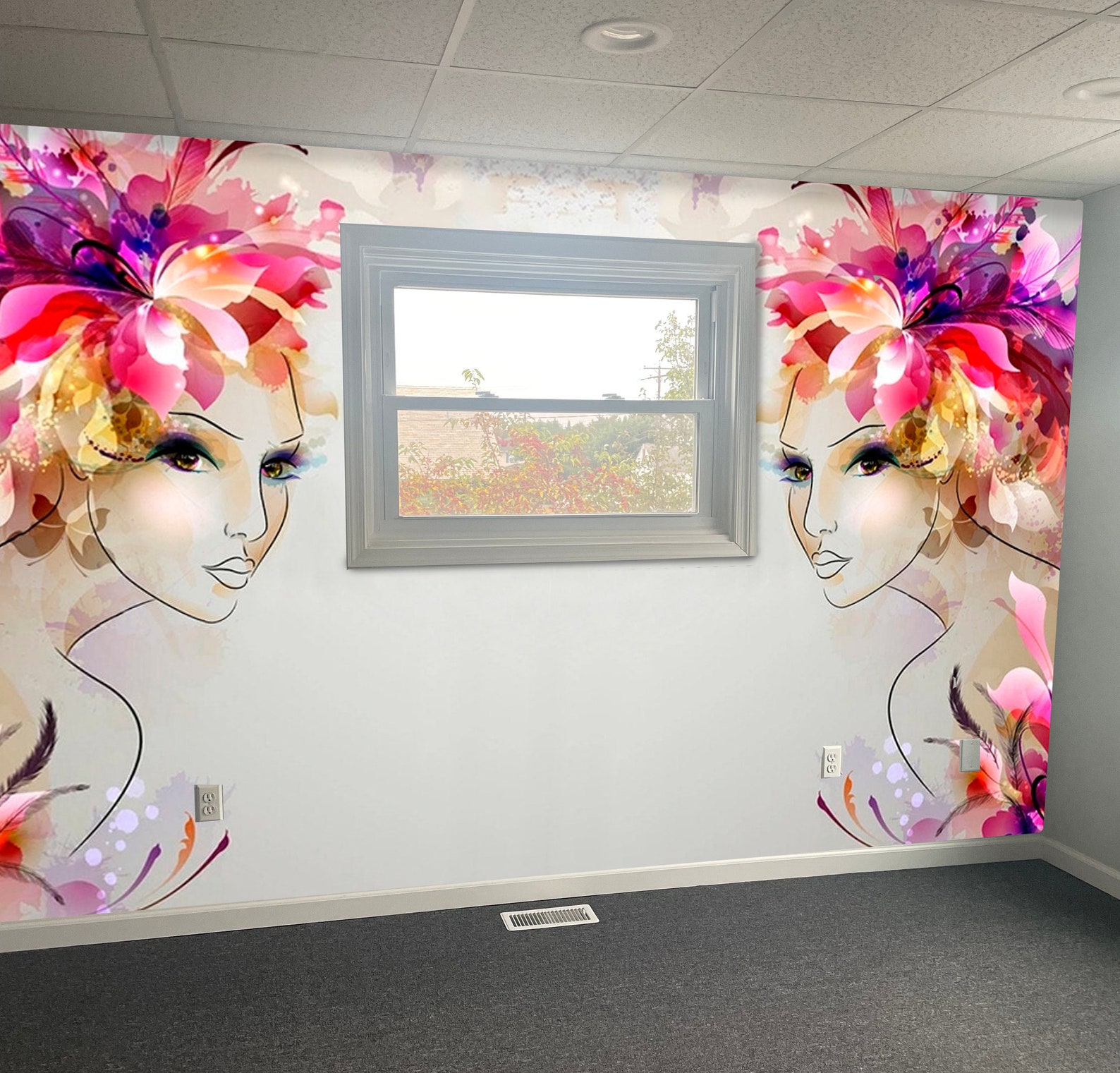 Colourful 3D Female Faces Floral Removable Wall Mural - Self Adhesive ...