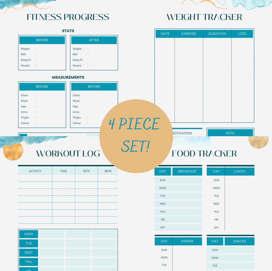 4 Piece Workout Progress Planner Printable, Printable Weight Tracker ...