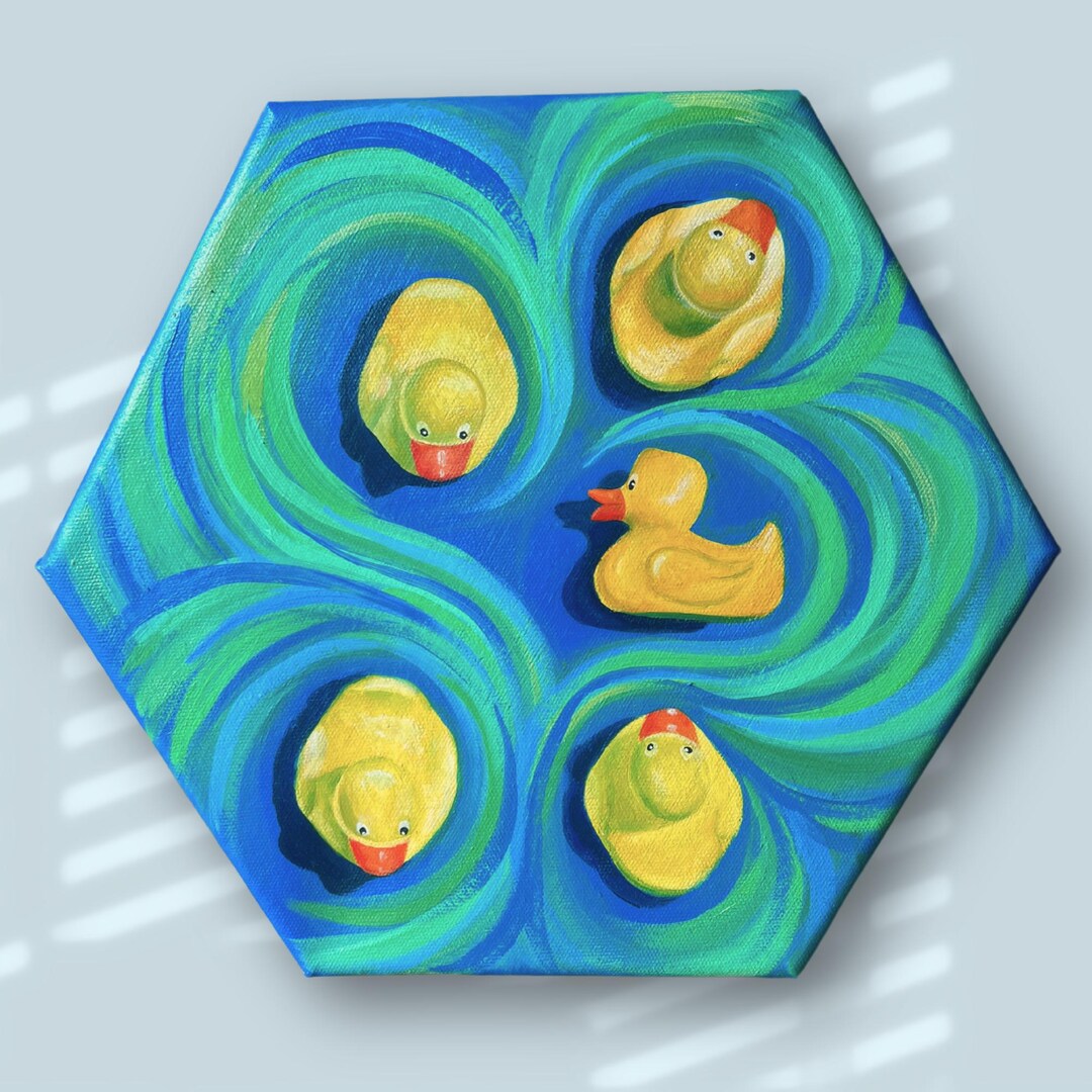 Rubber Ducks Acrylic Painting Hexagon Canvas Teal Blue Water Bathroom ...