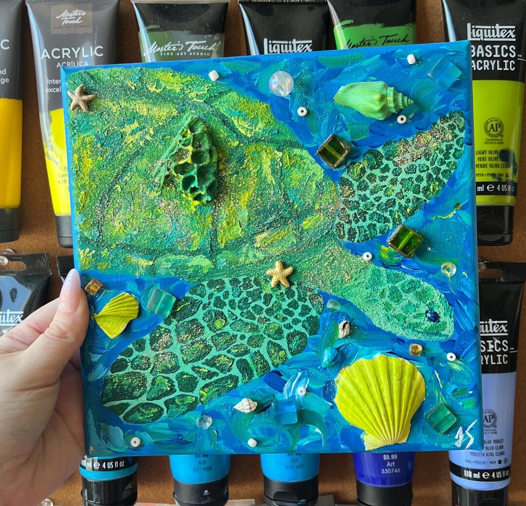 Green Sea Turtle Painting on 8x8 Canvas With Seashells & Beads, Ocean ...
