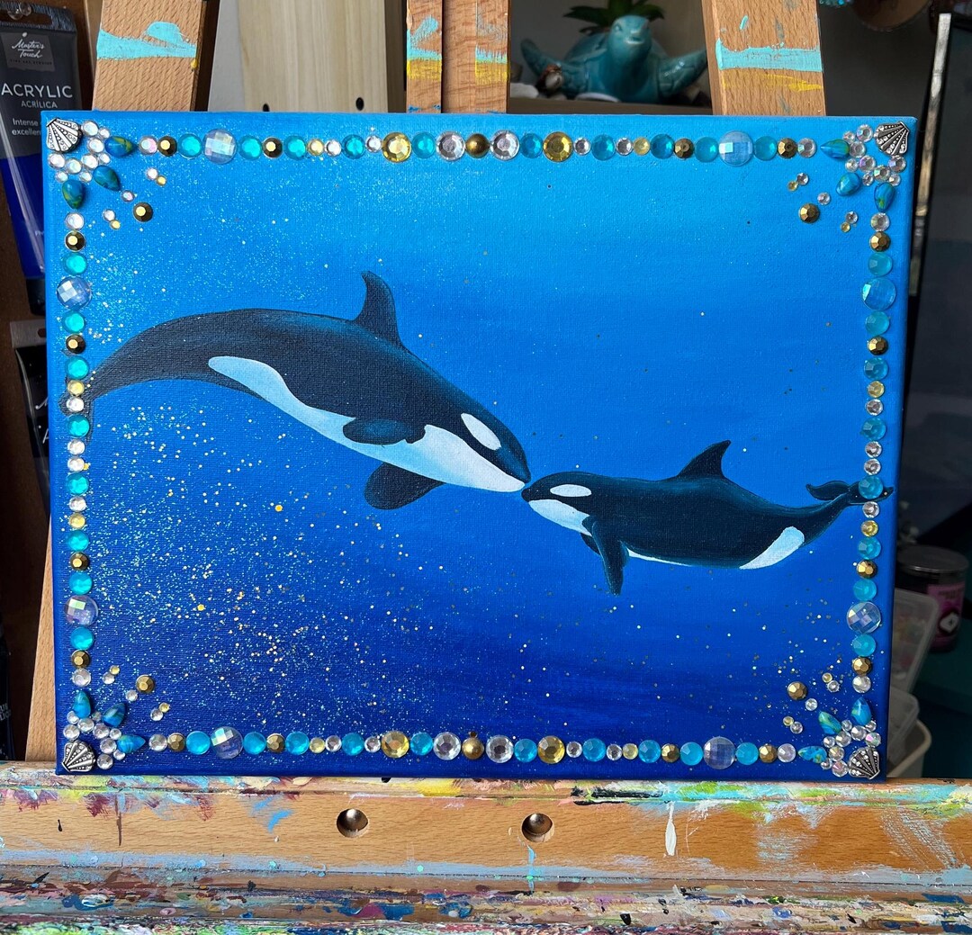 Orca Whale Painting on 11x14 Canvas With Glitter & Gemstone Border ...