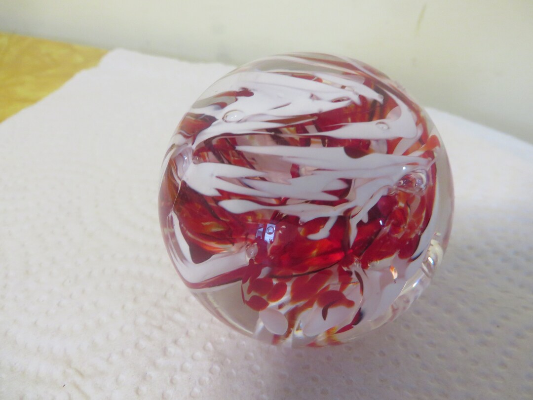 Vintage Hand Blown Glass Paperweight Red and White Swirl, 2.5 Round - Etsy