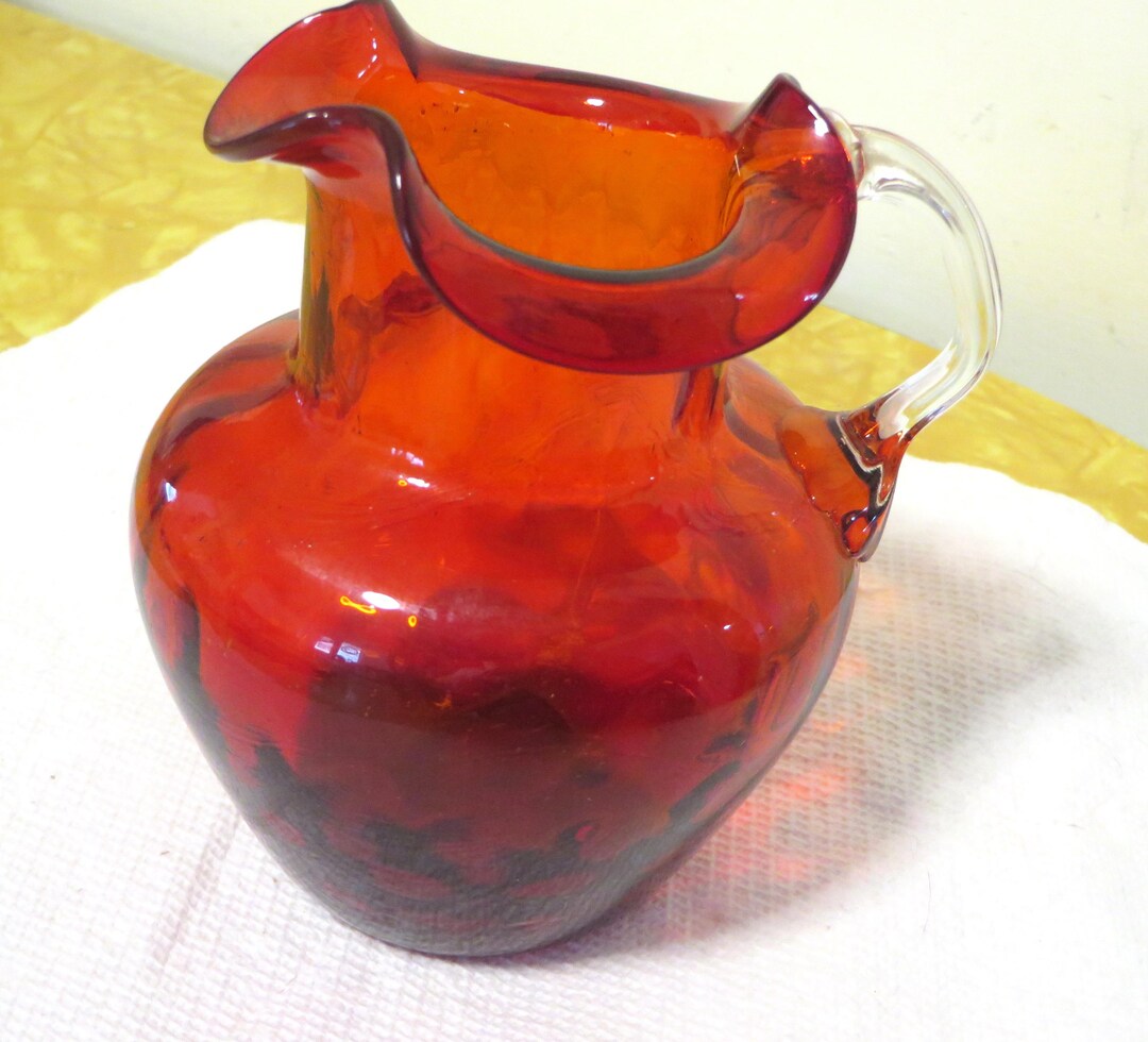 Hand Blown Cranberry Glass Dimpled Pitcher With Clear Glass Handle ...