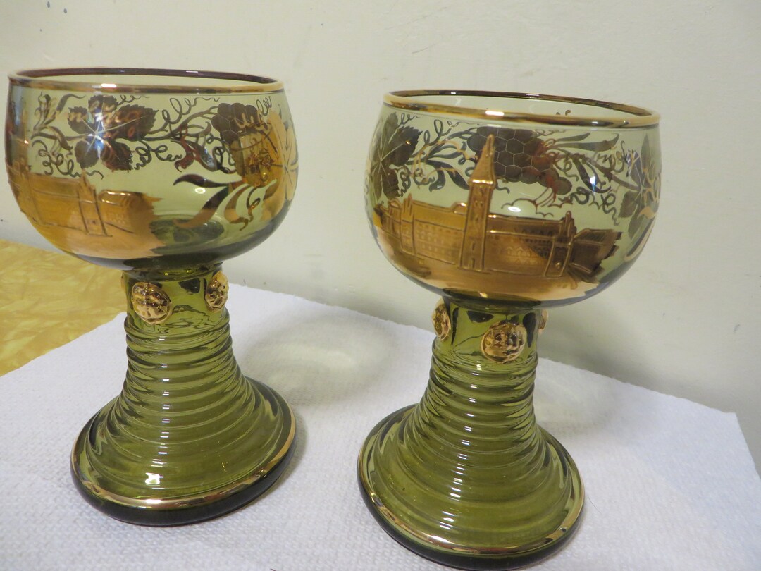 Vintage Roemer or Rummer Glass Wine Glasses, Green Beehive Foot, Heavy ...