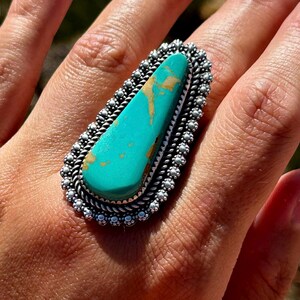 High Grade Crow Springs Turquoise and Sterling Silver Adjustable Statement Ring by Navajo Brenda ...