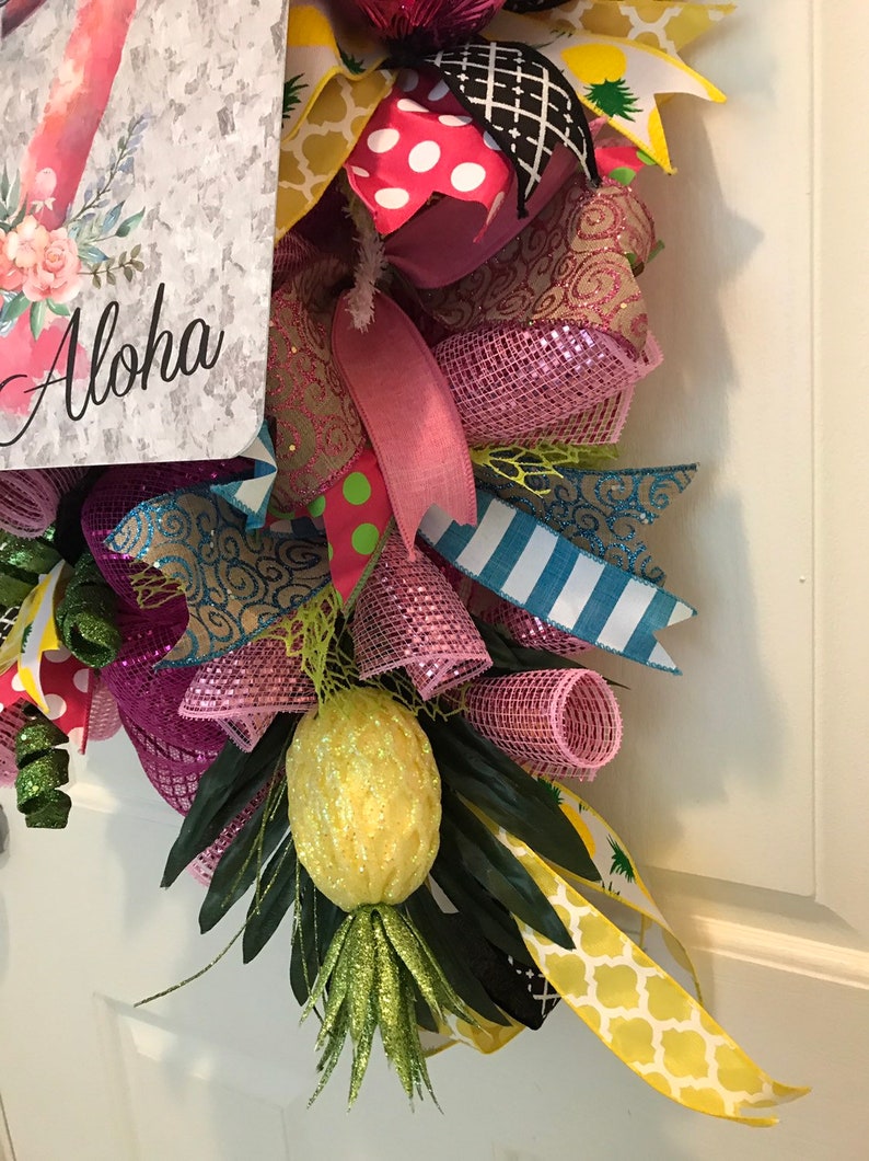 Flamingo Wreath, Aloha Wreath, Tropical Wreath Summer Wreath, Pineapple ...
