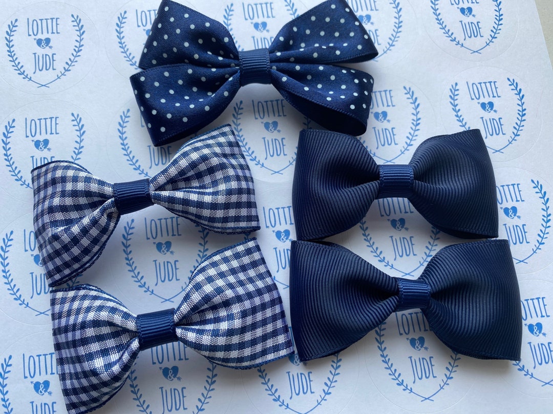 School Uniform Hair Bow Accessory Set. Gingham, Plain and Spotty. Navy ...