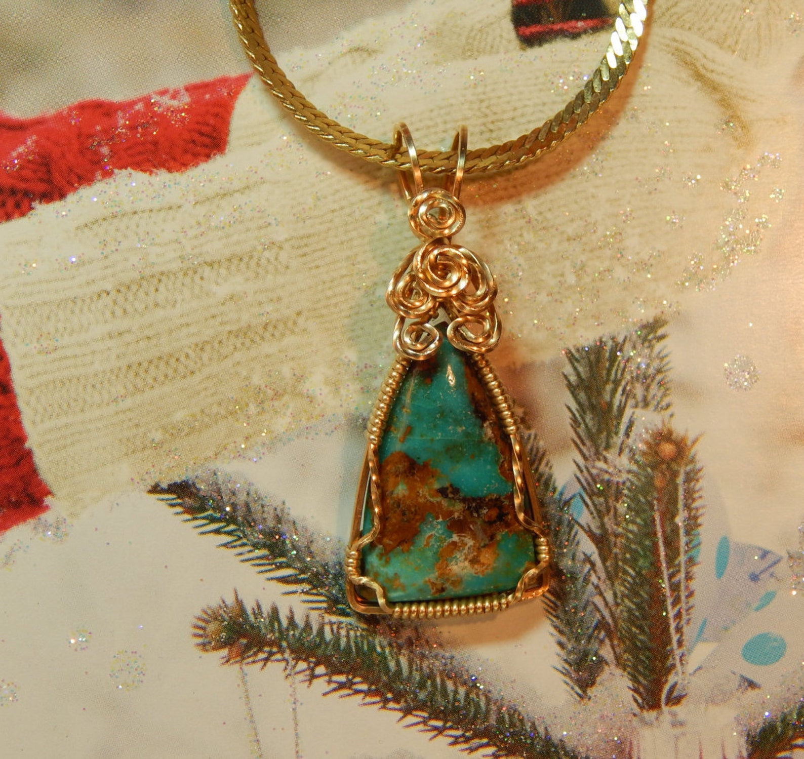 Natural Blue Green Turquoise in Matrix Rock Wire Wrapped in Gold Fill ...