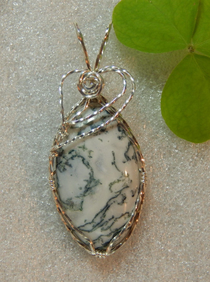 Natural Tree Fern Agate Pendant Wire Wrapped in Sterling Silver, Green ...