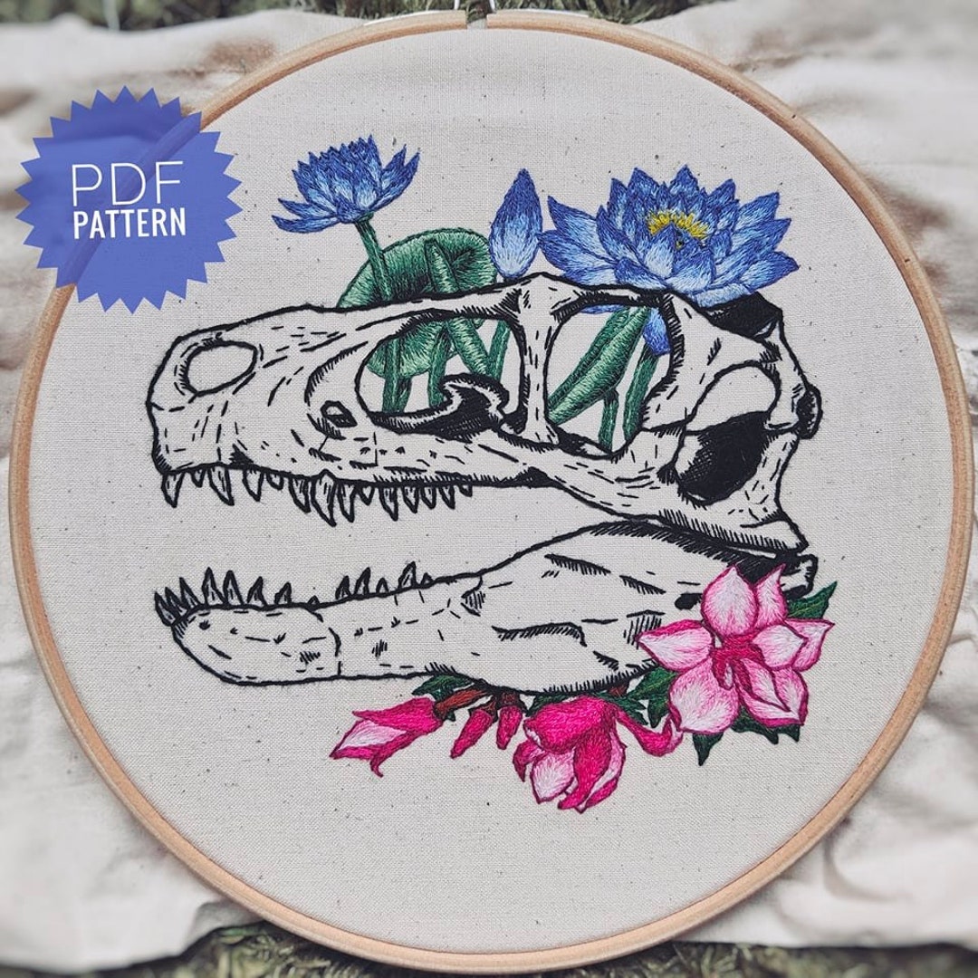 Floral Utahraptor Skull PDF Embroidery Pattern - Etsy