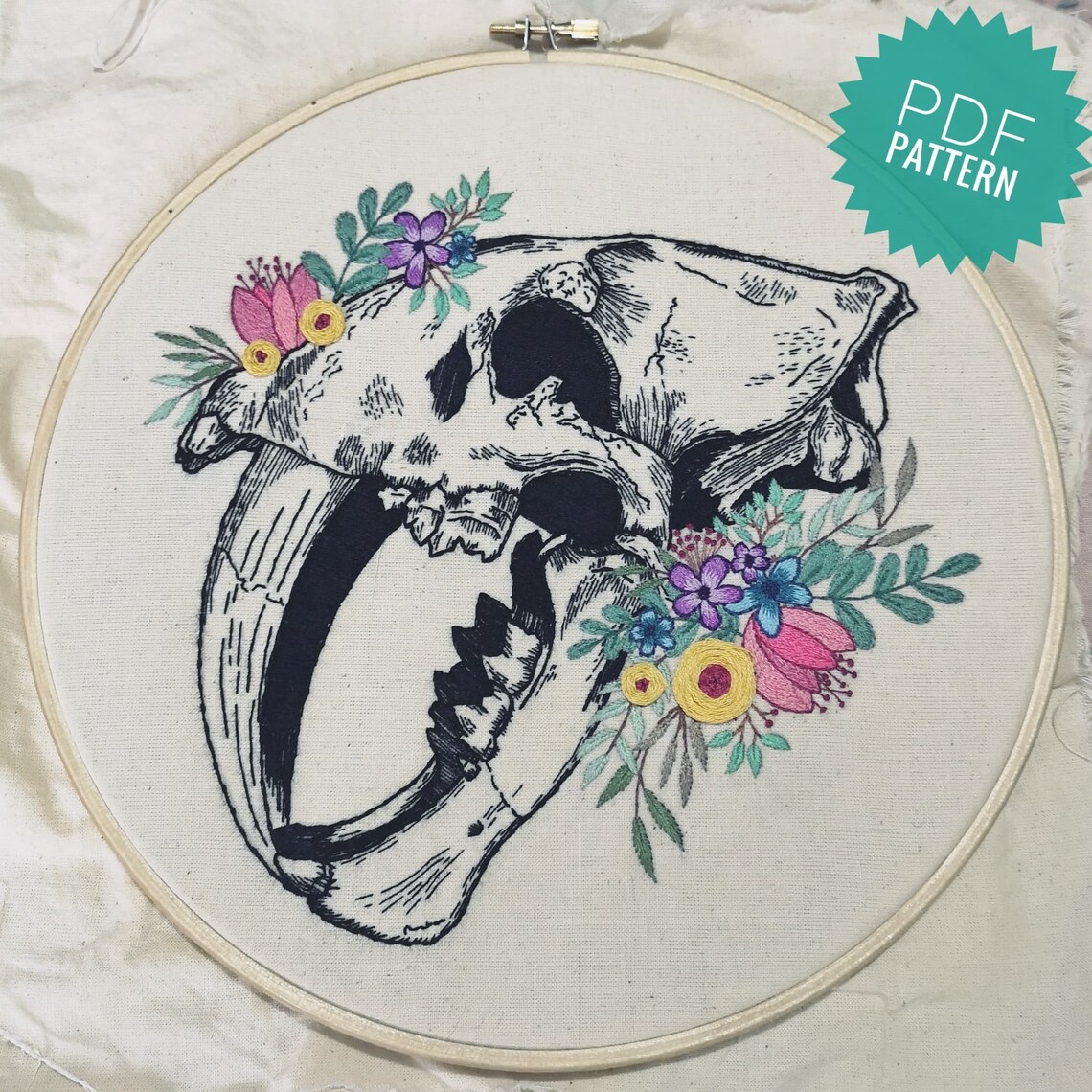 Floral Saber Tooth Cat Skull PDF Embroidery Pattern - Etsy