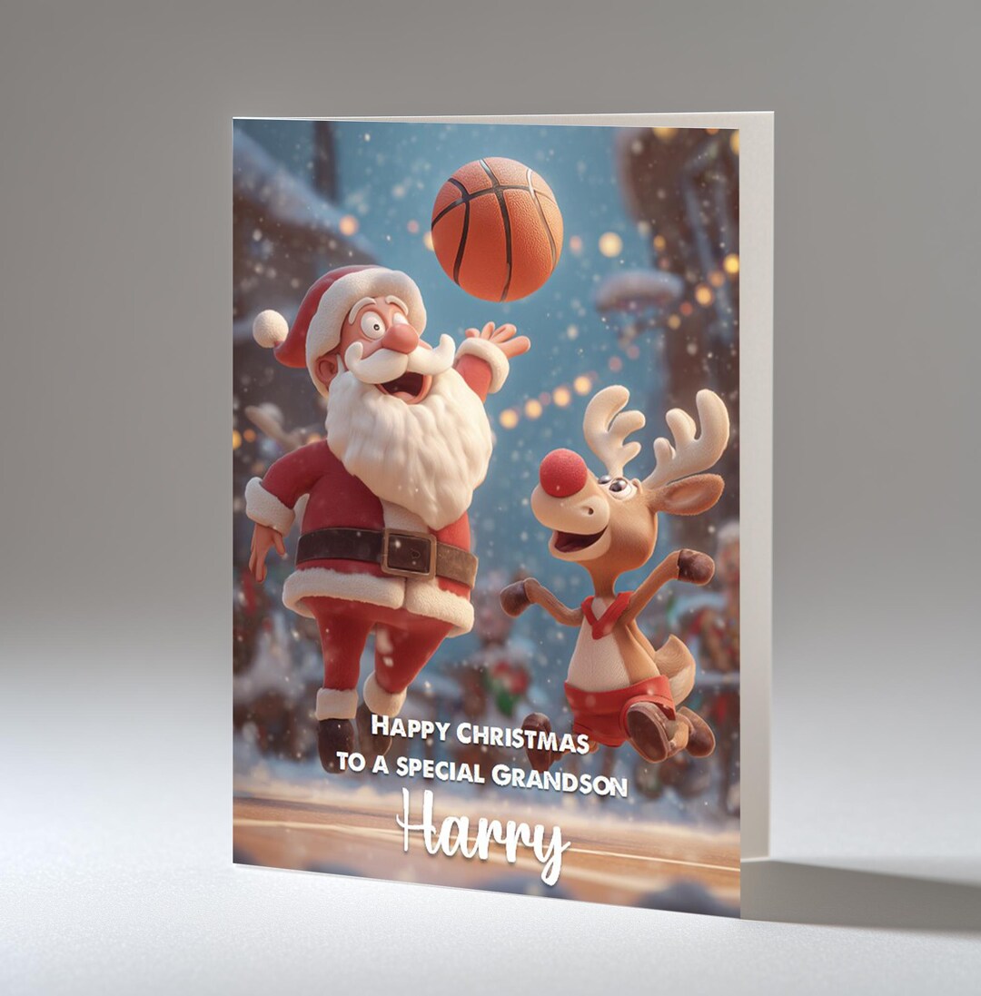 Personalised Christmas Card, Santa & Rudolph Play Basketball, Grandson ...