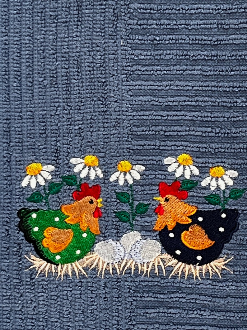 Embroidered Kitchen Towel of Chickens Chatting Over Eggs - Etsy