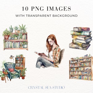 Watercolor Library Clipart, Commercial Use, Reading Clipart, Watercolor ...