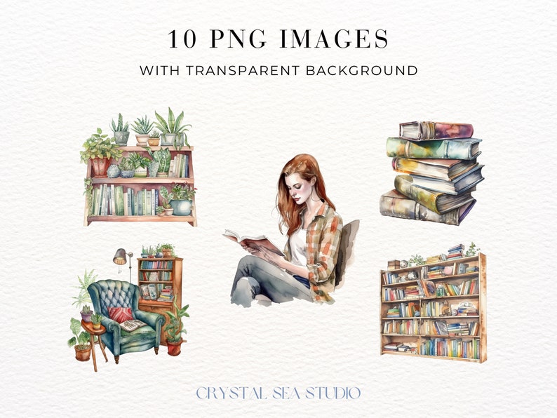 Watercolor Library Clipart, Commercial Use, Reading Clipart, Watercolor ...