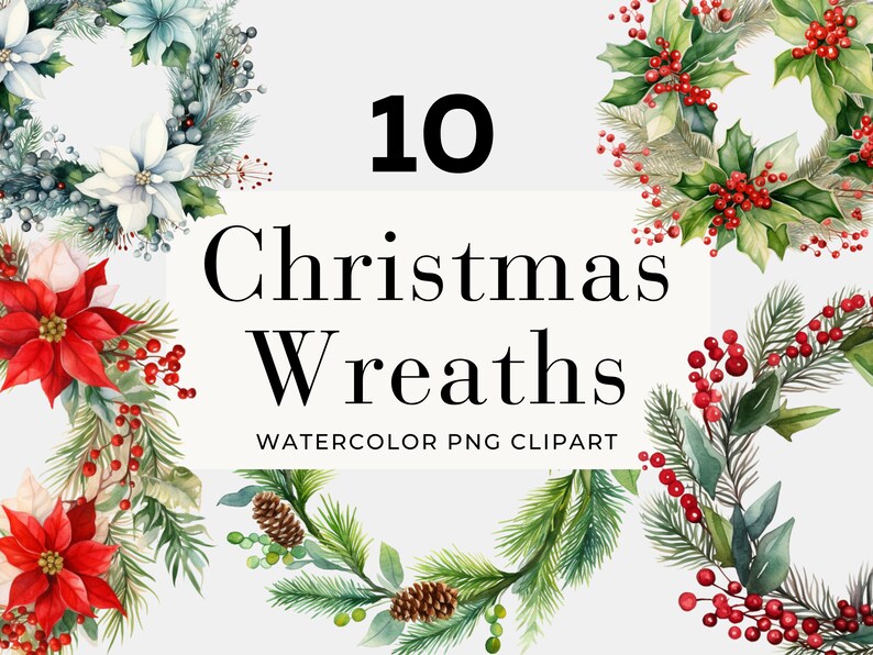 Watercolor Christmas Wreath Clip Art: Holiday Illustrations (instant ...