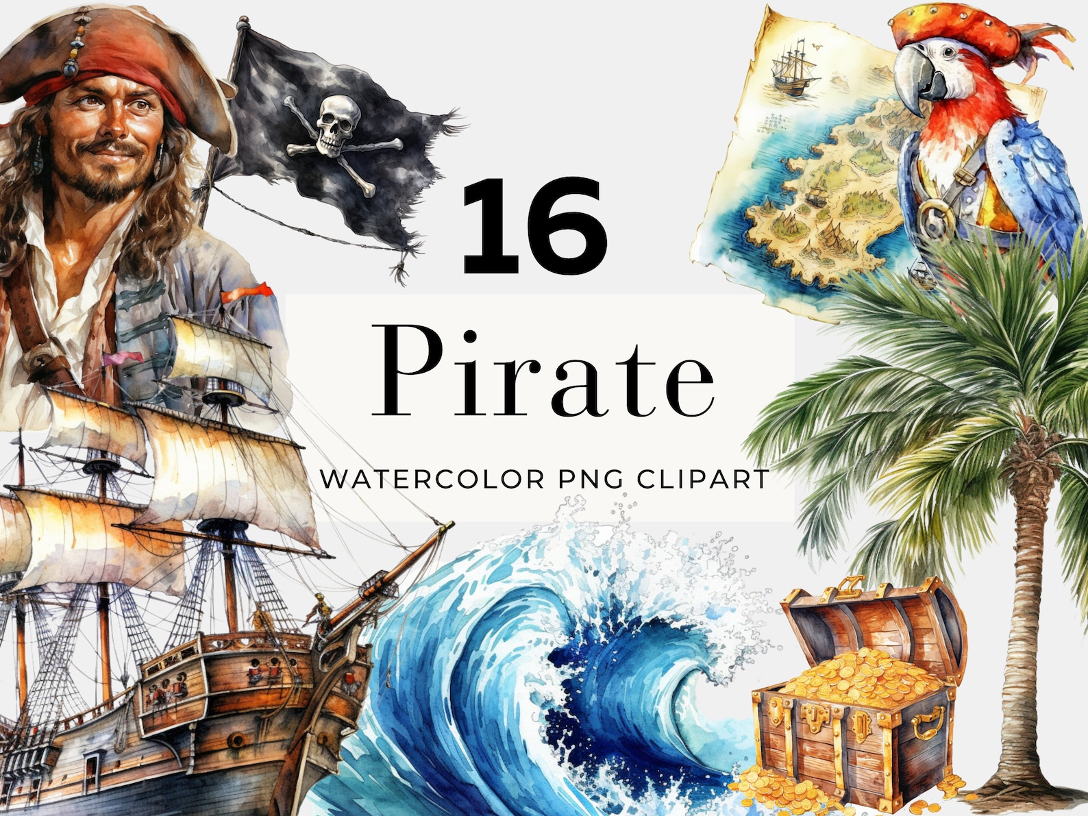 Watercolor Pirate Clipart, Instant Download, Pirate PNG, Nautical ...