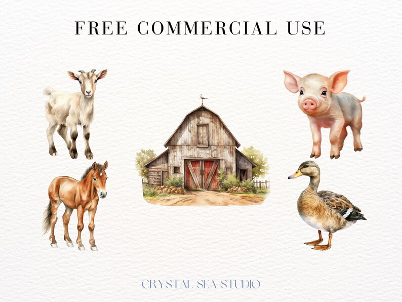 Watercolor Farm Clip Art, Instant Download, Barn Clipart, Donkey, Cow ...