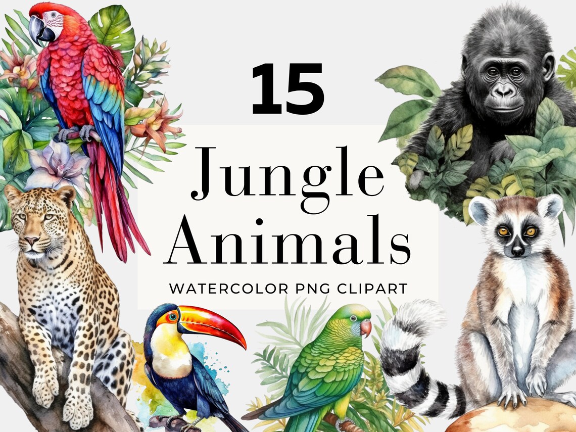 Watercolor Jungle Animal Clipart, Instant Download, Tropical Clipart ...