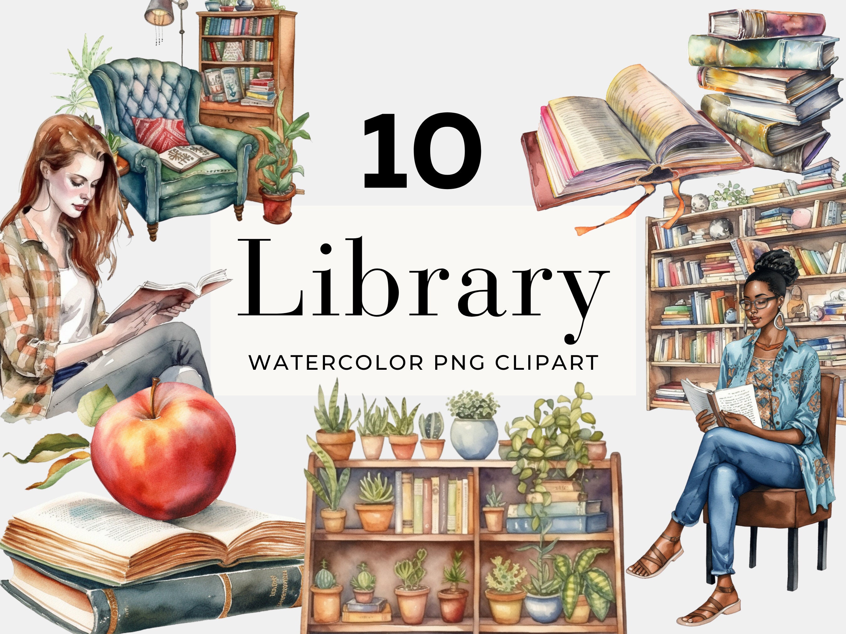 Watercolor Library Clipart, Commercial Use, Reading Clipart, Watercolor ...