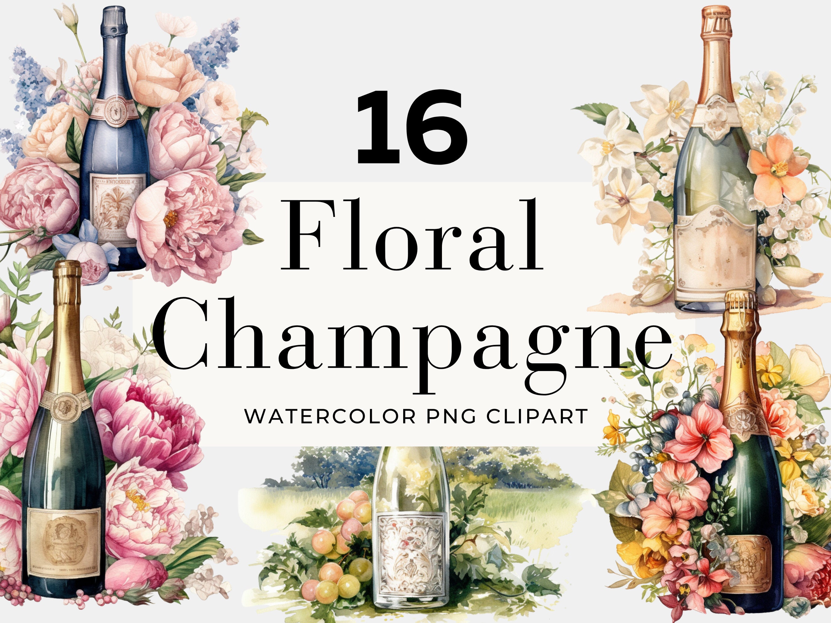 Watercolor Floral Champagne Clipart, Sublimation Bundle, Instant ...