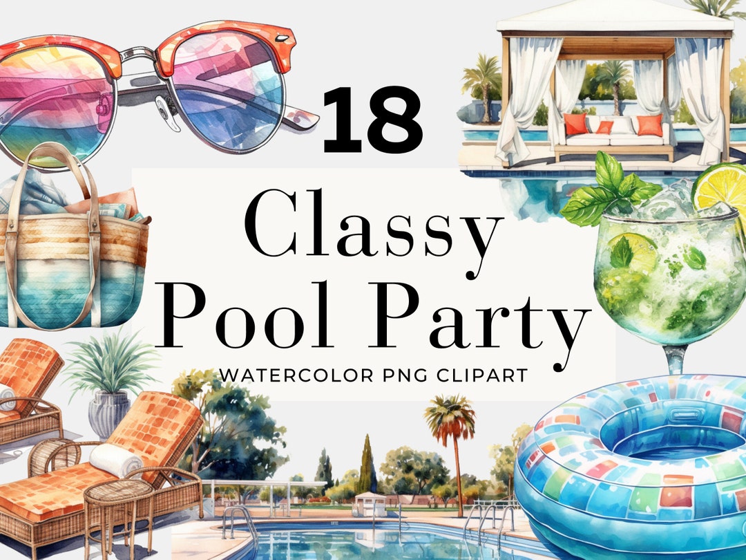Watercolor Pool Party Clipart, Instant Download, Pool Clipart, Summer ...