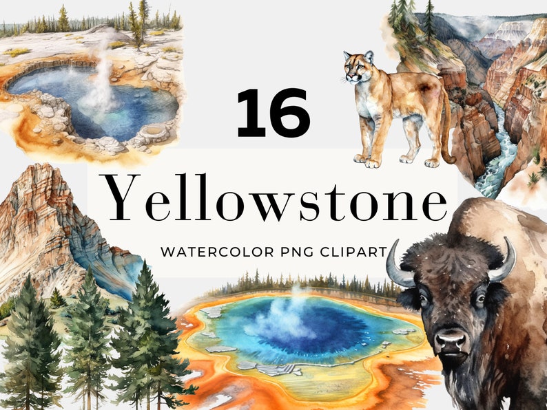 Watercolor Yellowstone National Park Clipart: PNG Bundle (digital ...