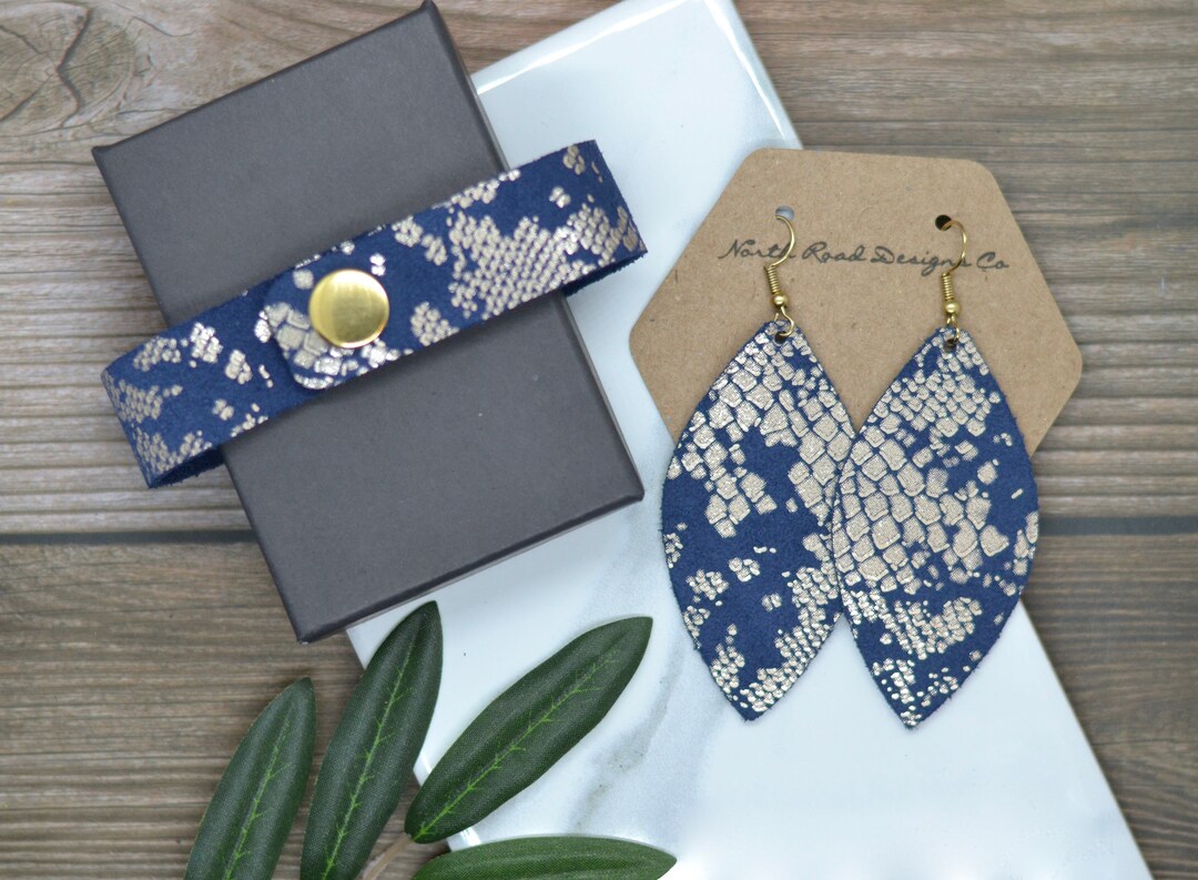 Navy and Gold Leather Earrings Python Print Earrings Leather - Etsy